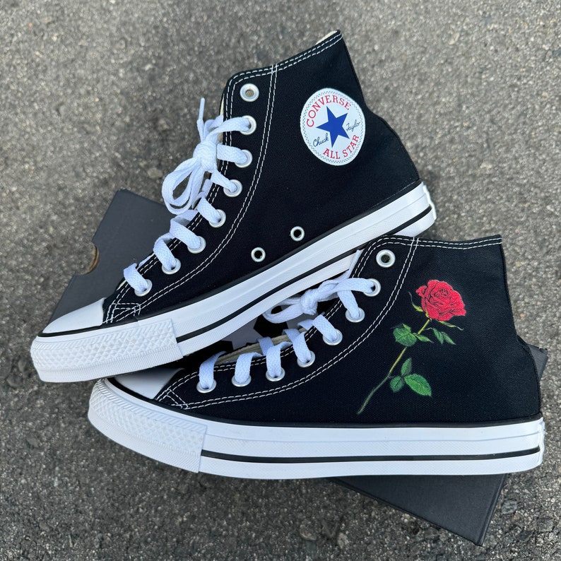 Single Rose on Black High Top Converse Shoes - Men's and Women's Custom ...