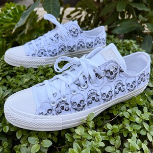 Skull Pattern Customized Sneakers - All White Monochrome Converse Chuck ...