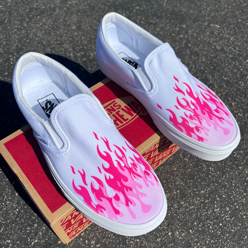 Hot Pink Flame Shoes for Women and Men - Custom Vans White Slip on Pink ...