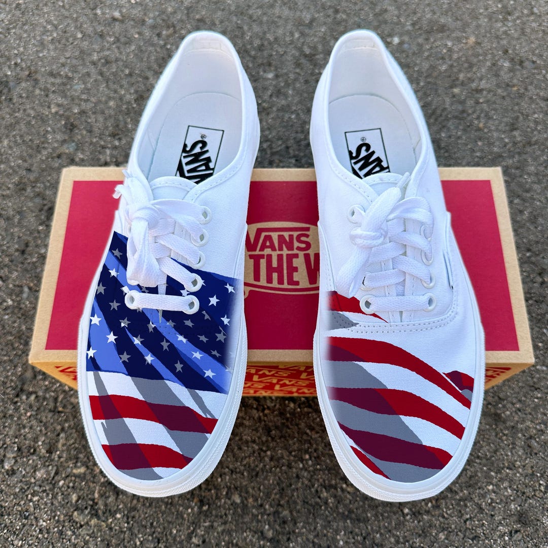 White Vans Authentic Shoes for Men and Women Featuring American Flag ...