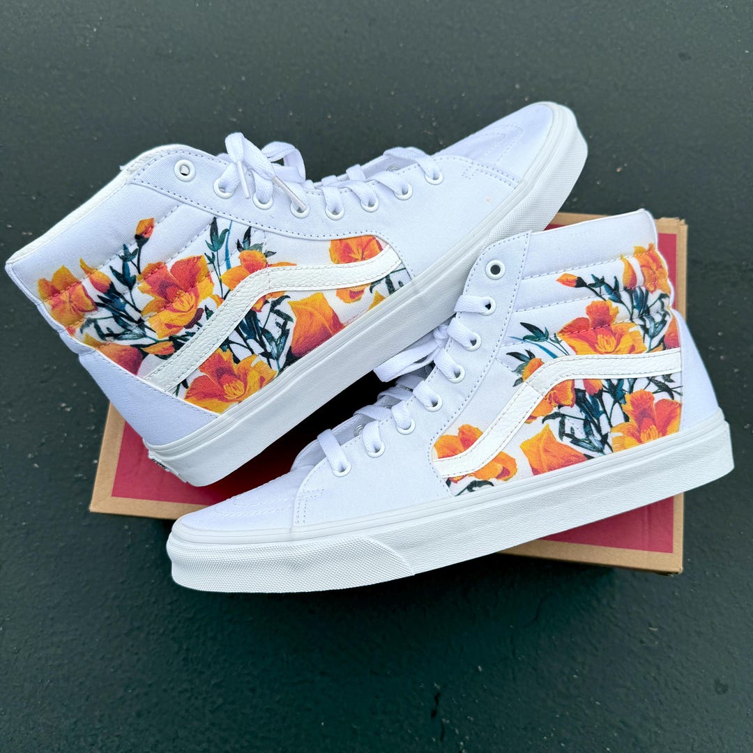 Orange Poppy Flower Spring Floral - White Sk8-hi Top Vans for Women and ...