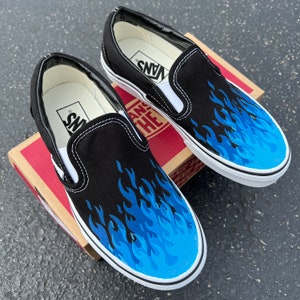 Hot Blue Flame Shoes - Custom Vans Black Slip on Dark Blue Neon Blue ...