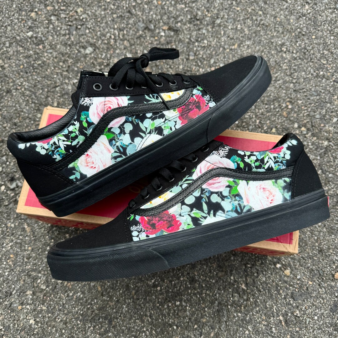 Whimsical Roses on Black/black Old Skool Vans Shoes - Women's and Men's ...