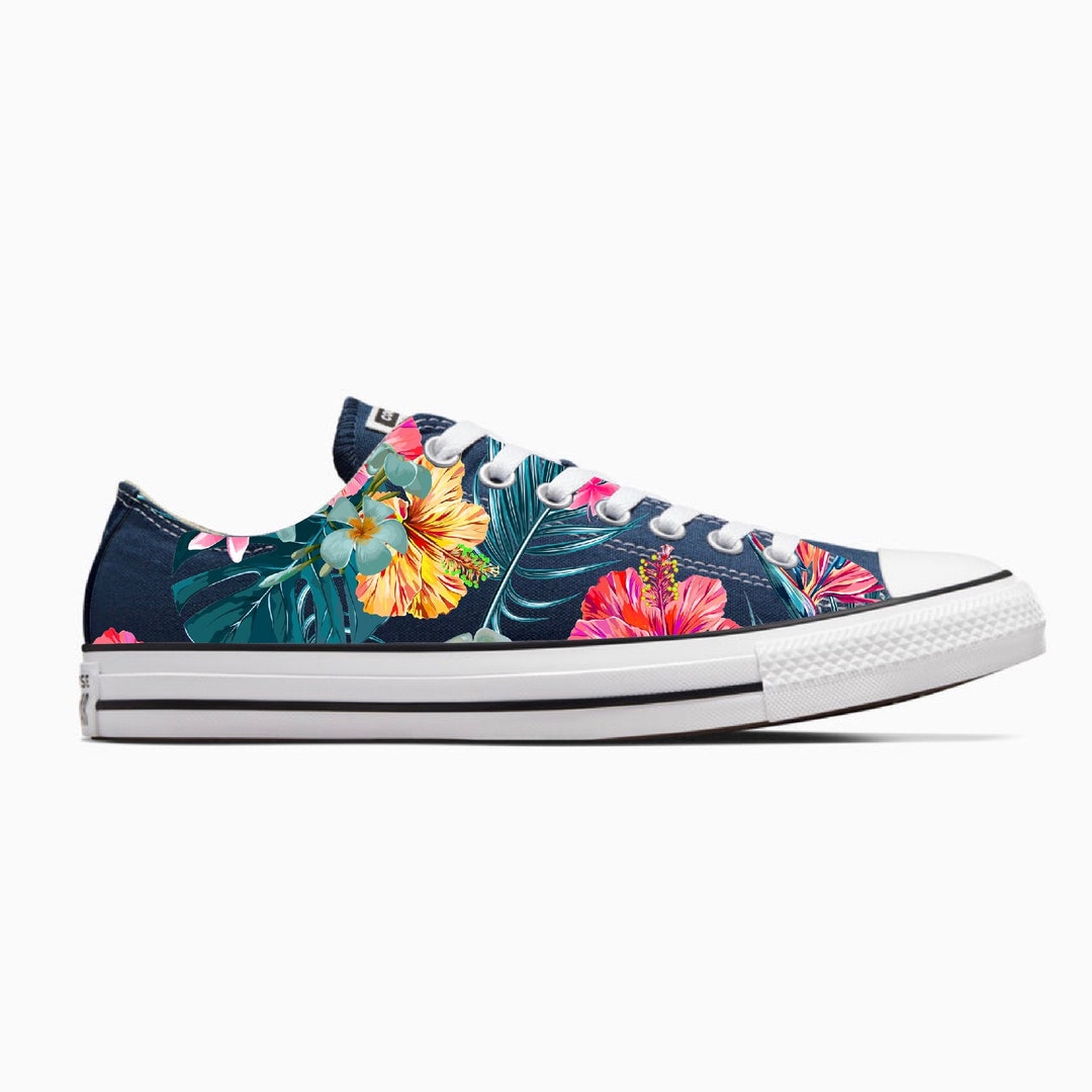 Tropical Floral Pattern on Navy Low Top Converse Shoes - Men's and ...