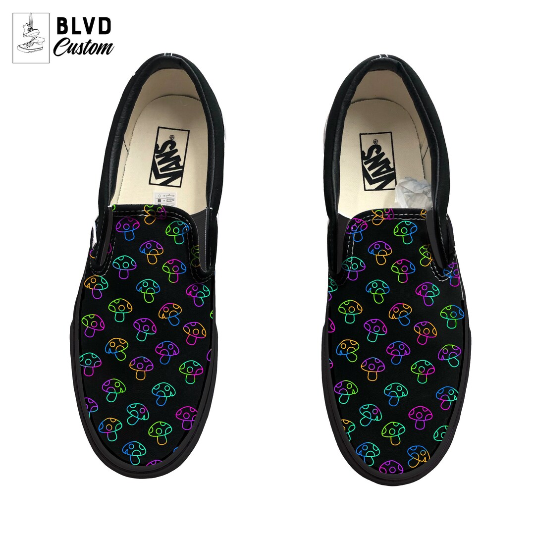 Rave Trippy Mushroom Shoes - Custom Vans Black/black Slip on Shoes ...
