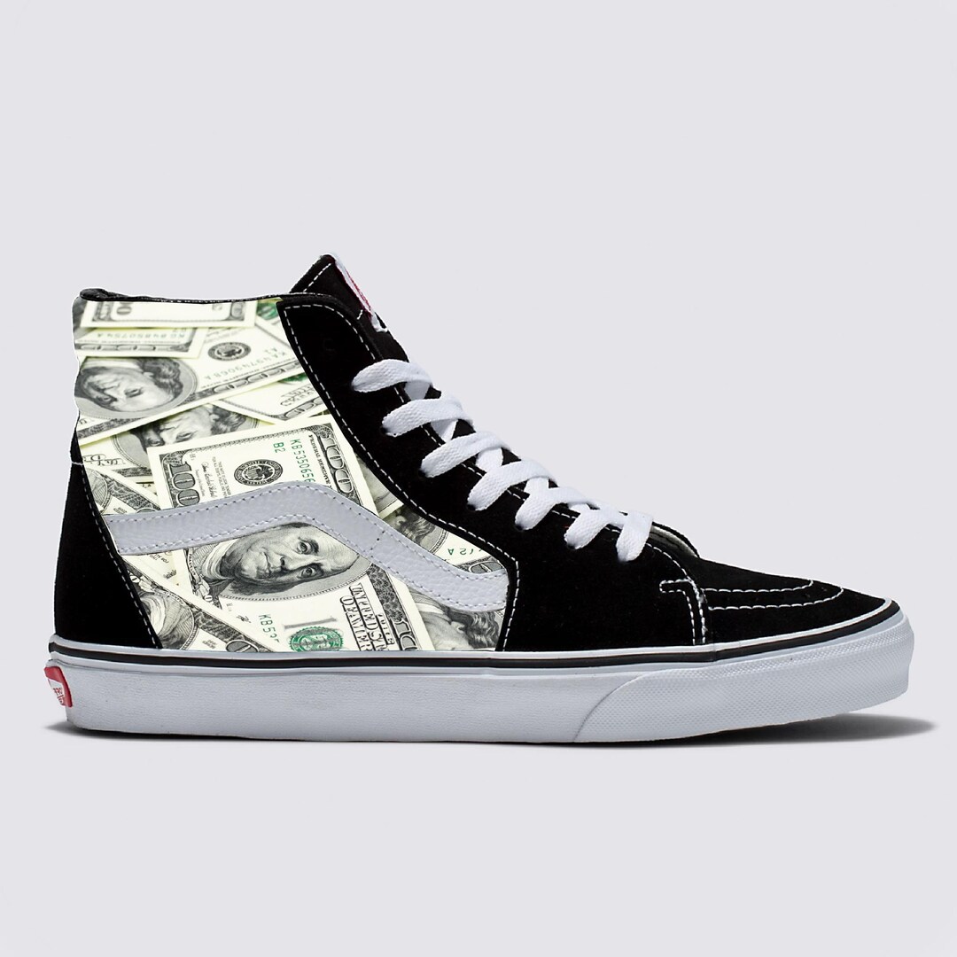 Money Theme Black Vans Sk8-hi Shoes Benjamin Franklin 100 Dollar Bills ...