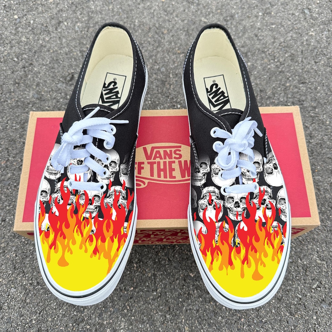 Red and Yellow Hot Rod Flames & Skulls Vans Authentic Shoes ...