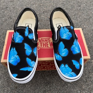 Blue Butterfly Black Slip on Vans - Custom Vans Shoes - Etsy