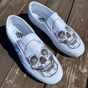 Custom White Slip on Vans Shoes - Skeleton Skull Head - Etsy