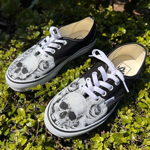 Black and White Skull and Rose on Black Vans Authentic - Custom Hand ...