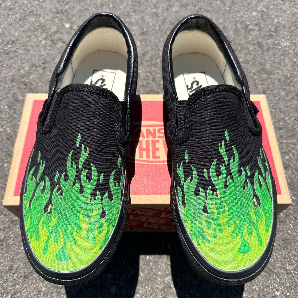 Hot Green Flame Shoes - Custom Vans Black/ Black Slip Forest Green Neon ...