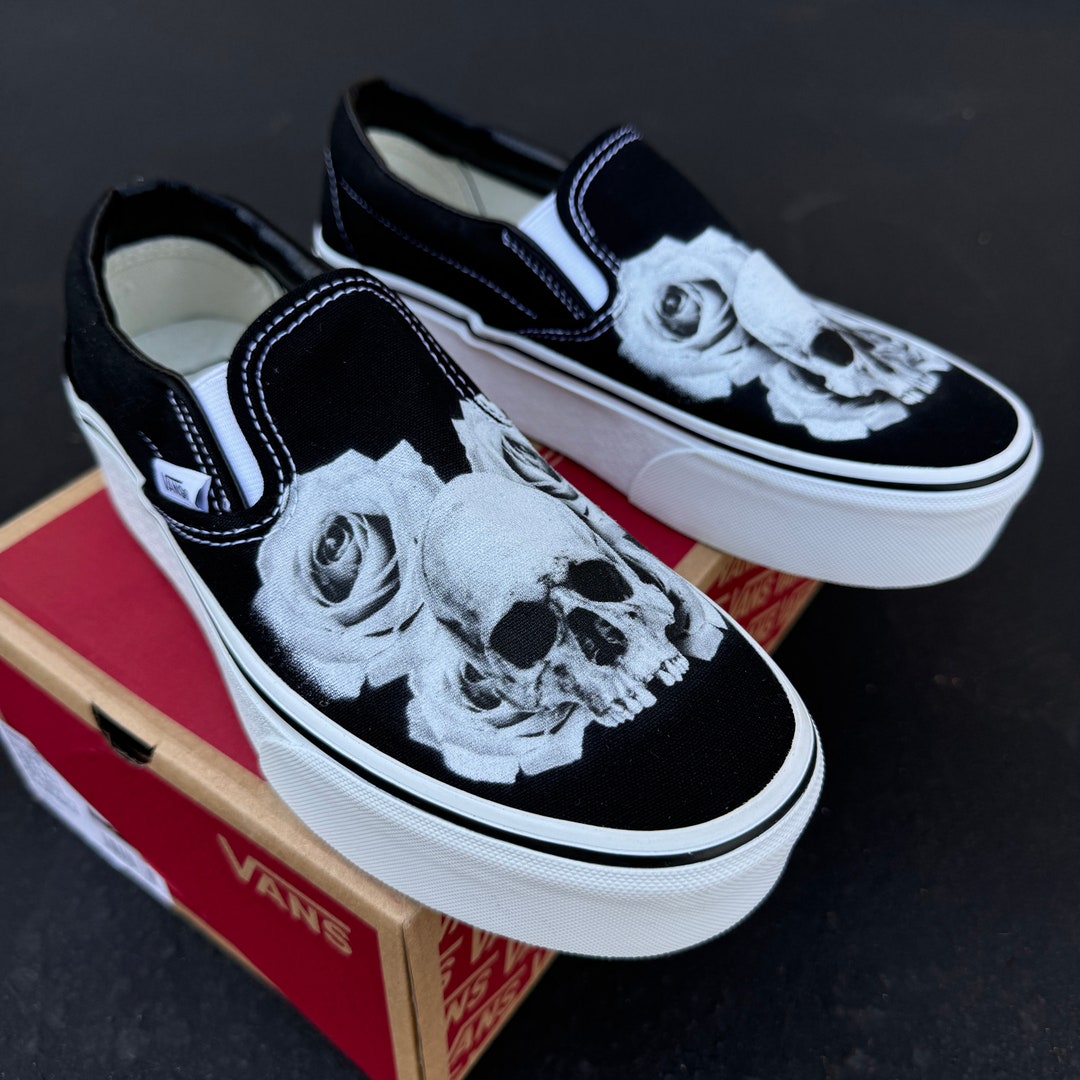 Skull and Rose Vans Slip on Stackform Shoes - Customized Platform ...