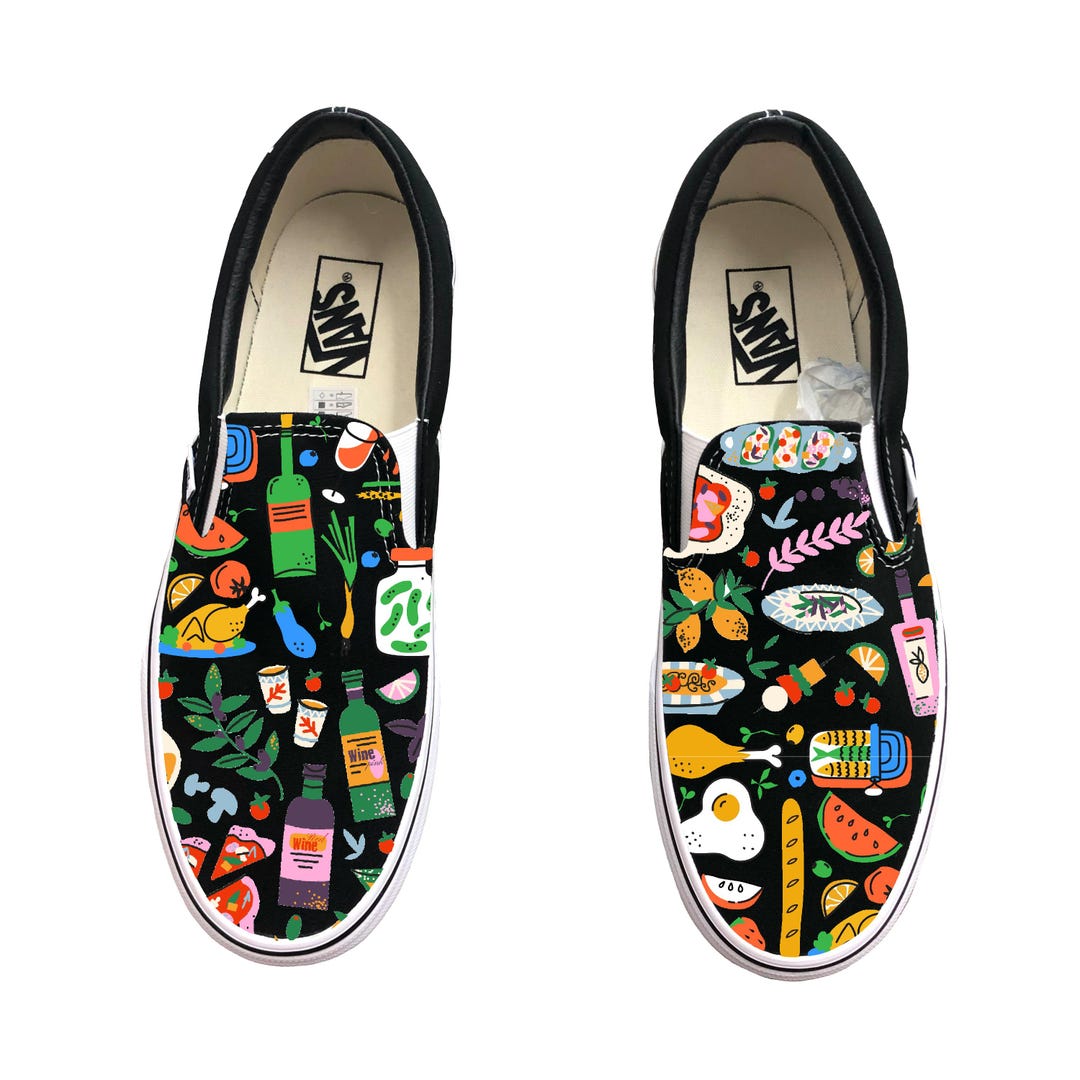 Foodie Vans Slip Ons - Custom Black Slip on Vans Shoes Customized for ...
