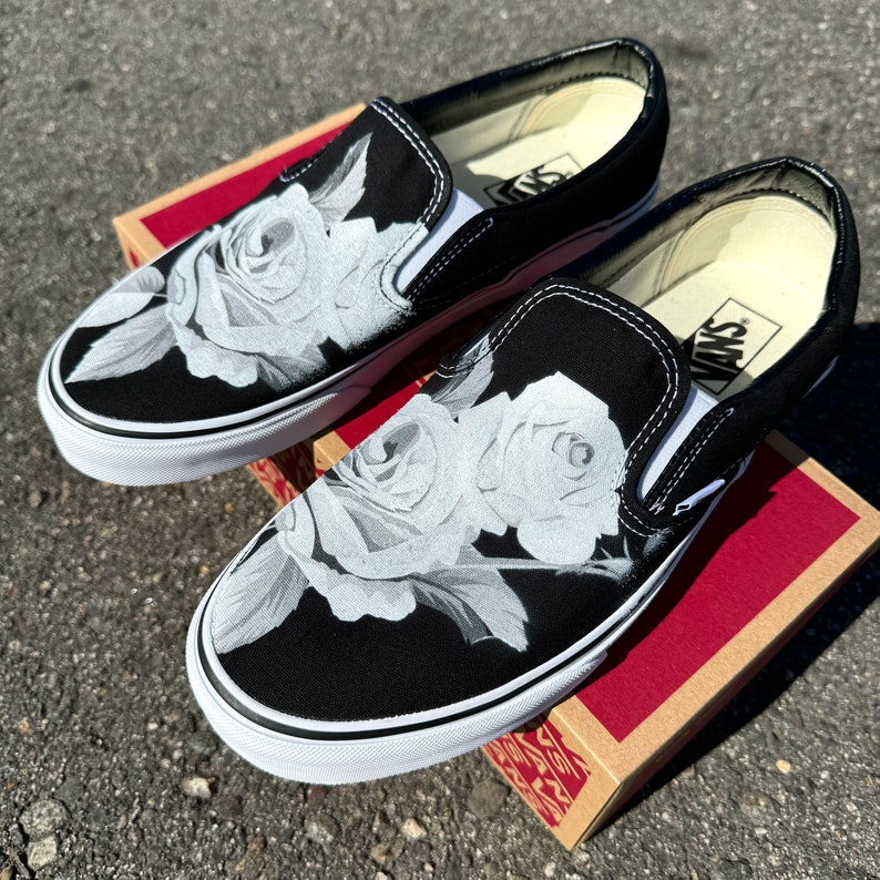 Greyscale Roses on Black Slip on Vans Shoes - Vans Shoes for Women and ...
