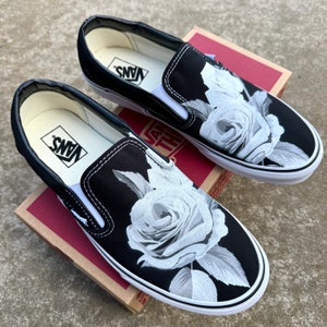 Greyscale Roses on Black Slip on Vans Shoes - Vans Shoes for Women and ...