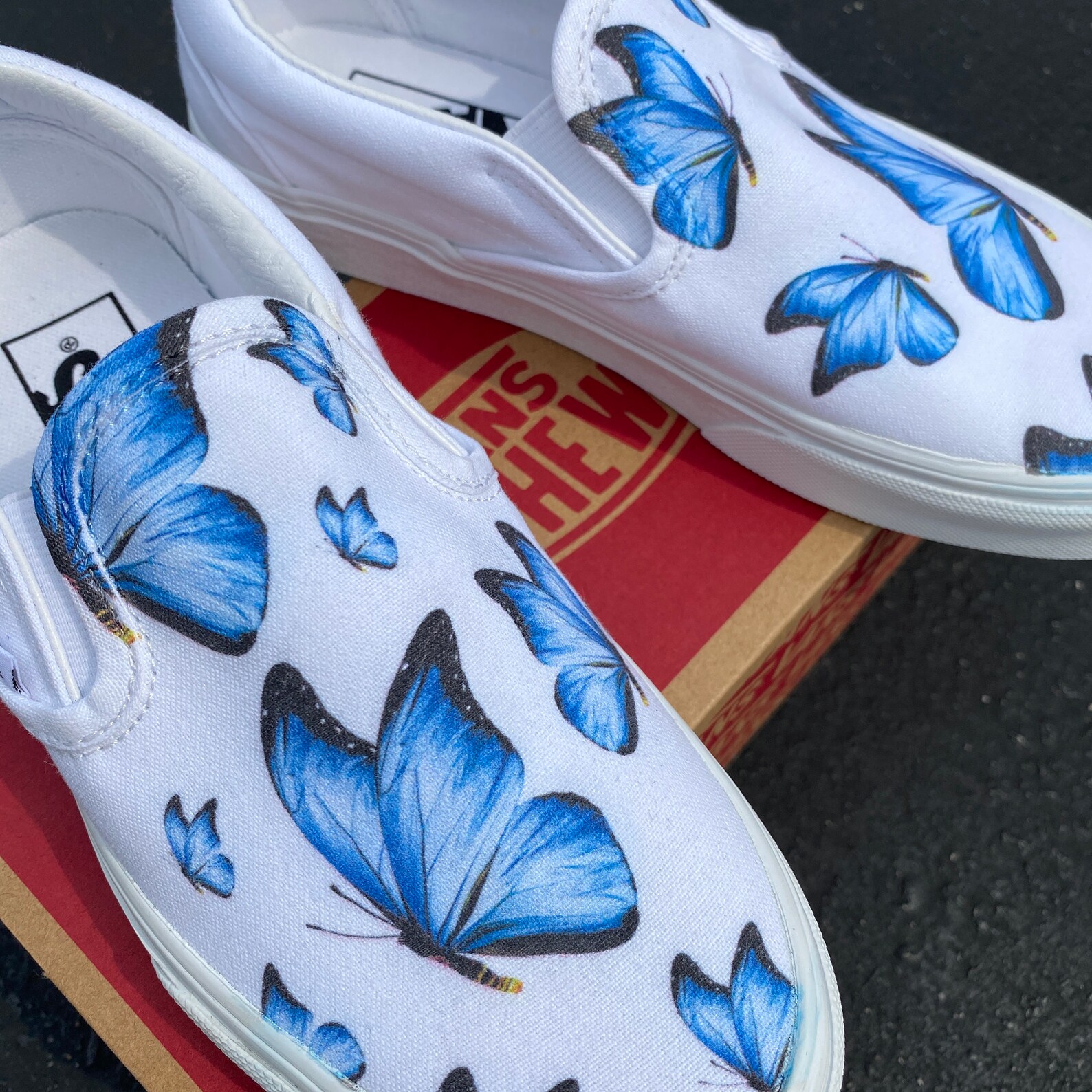 Blue Butterfly White Slip on Vans - Custom Vans Shoes - Etsy