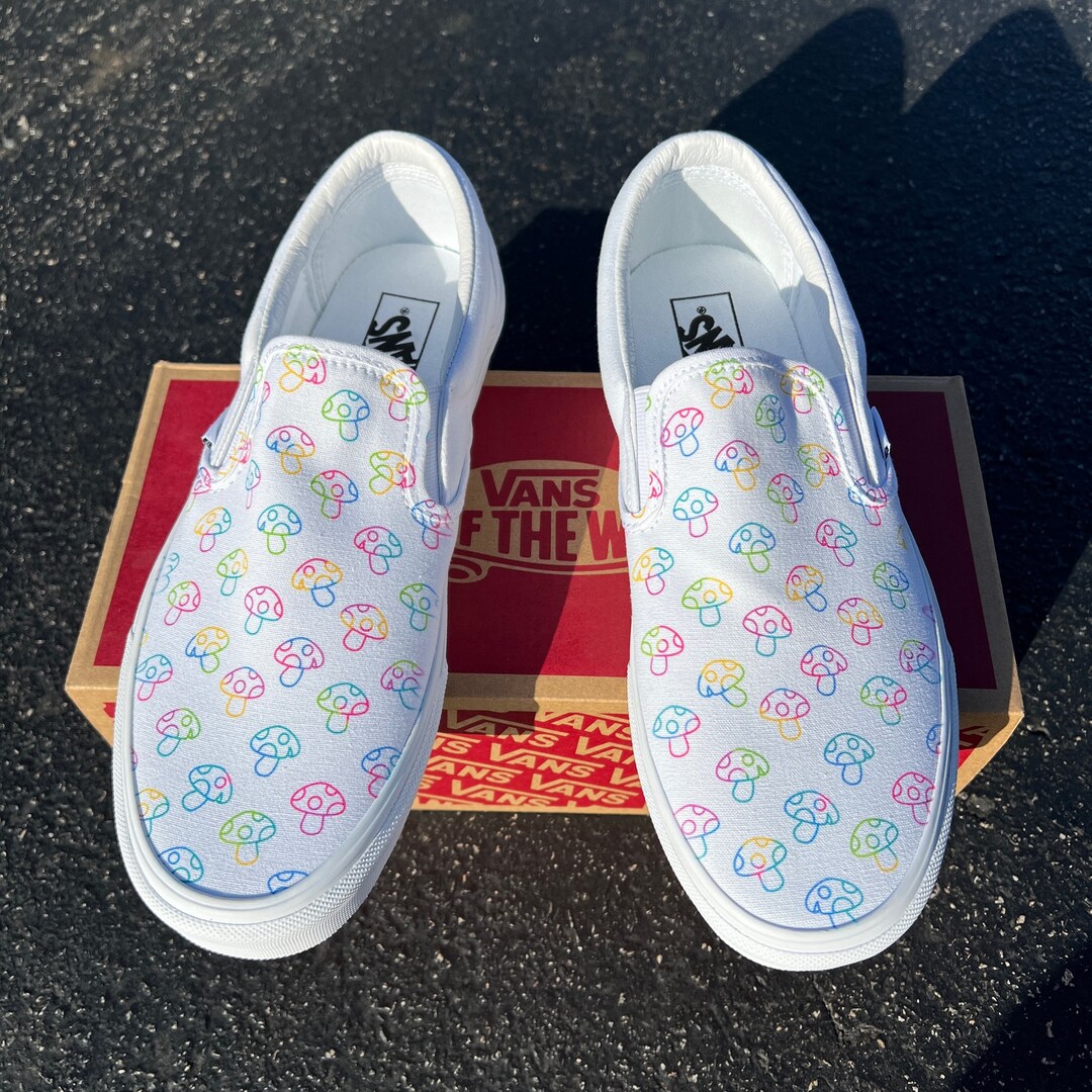 Rave Trippy Mushroom Shoes - Custom Vans White Slip on Shoes ...