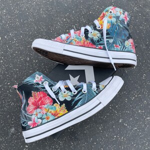 Tropical Floral Pattern on High Top Converse Shoes - Men's and Women's ...