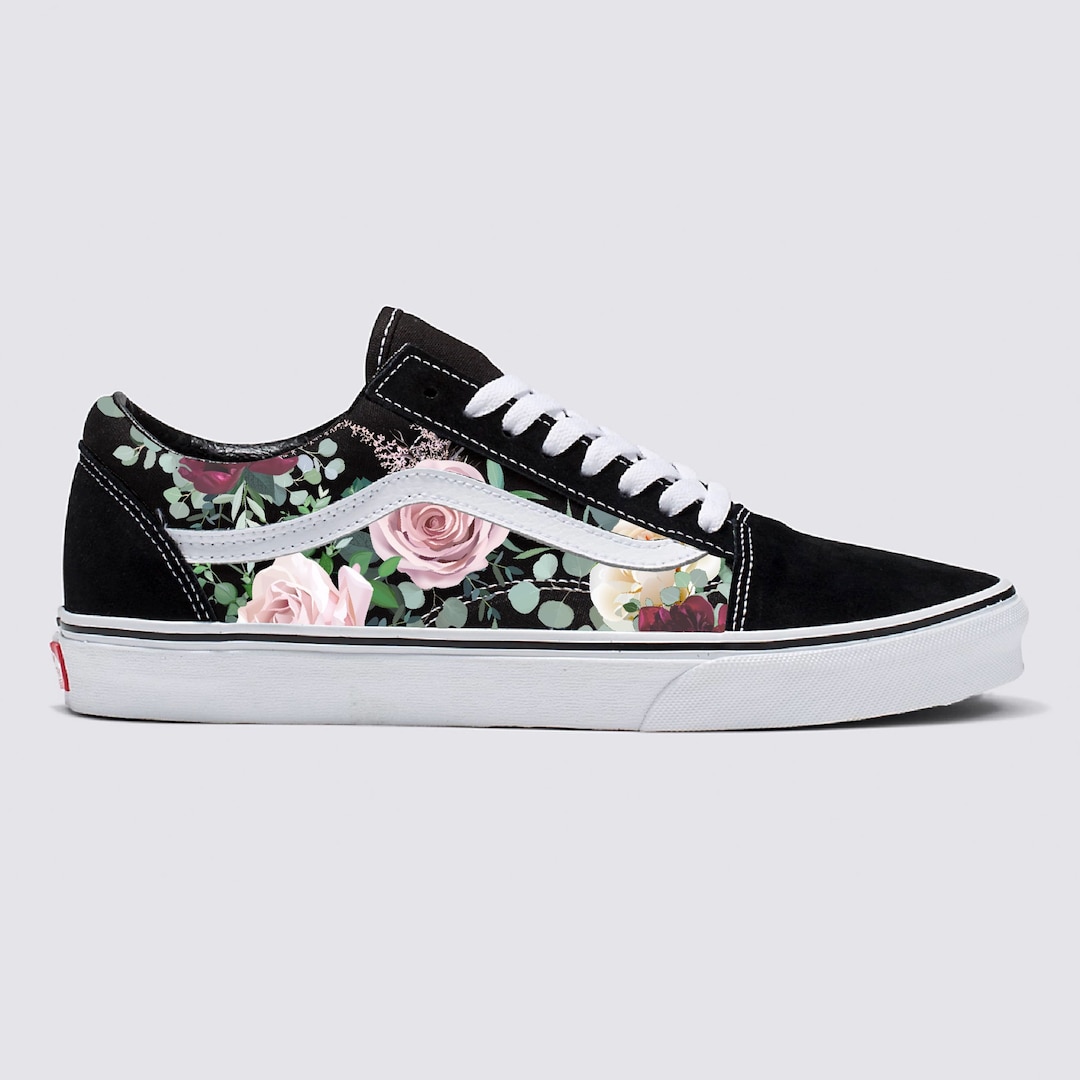 Whimsical Roses on Black Old Skool Vans Shoes Women's and Men's Custom ...