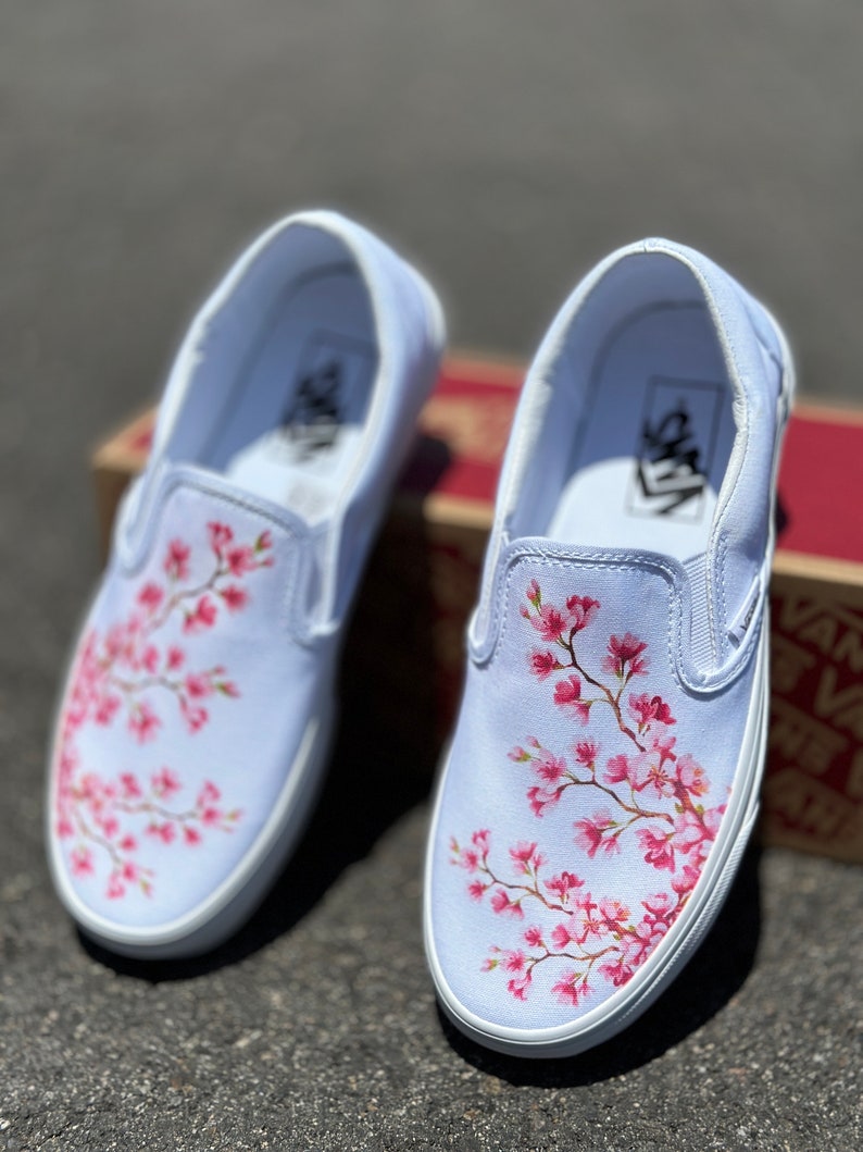 Cherry Blossoms White Vans Slip on Shoes - Men's and Women's Custom ...