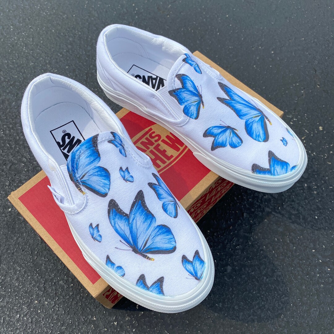 Blue Butterfly White Slip on Vans - Custom Vans Shoes - Etsy