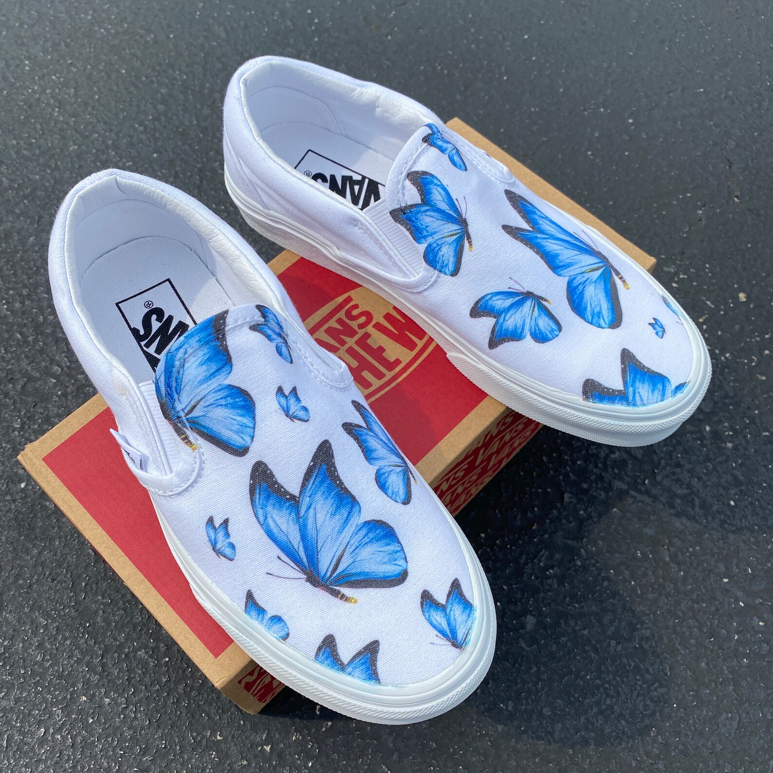 Blue Butterfly White Slip on Vans - Custom Vans Shoes - Etsy