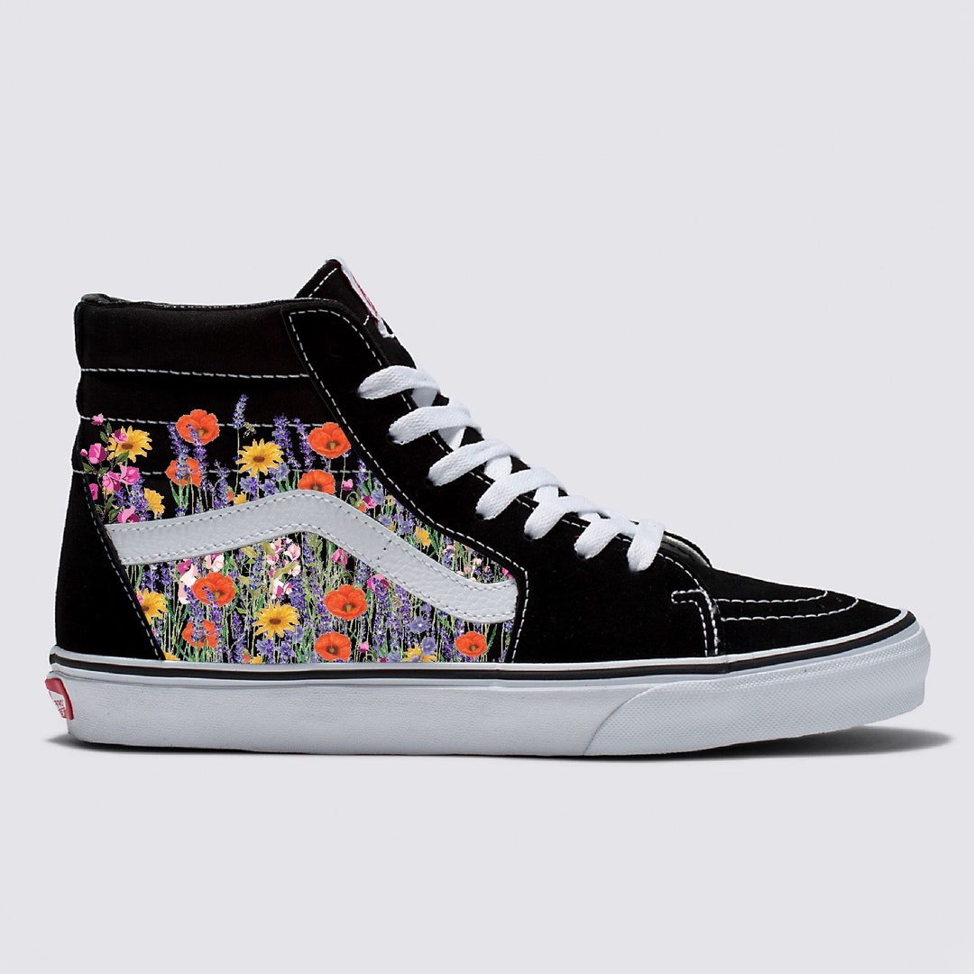 Flower Field Vans Sk8-hi Shoes Customized Black Sk8-hi Top Vans ...