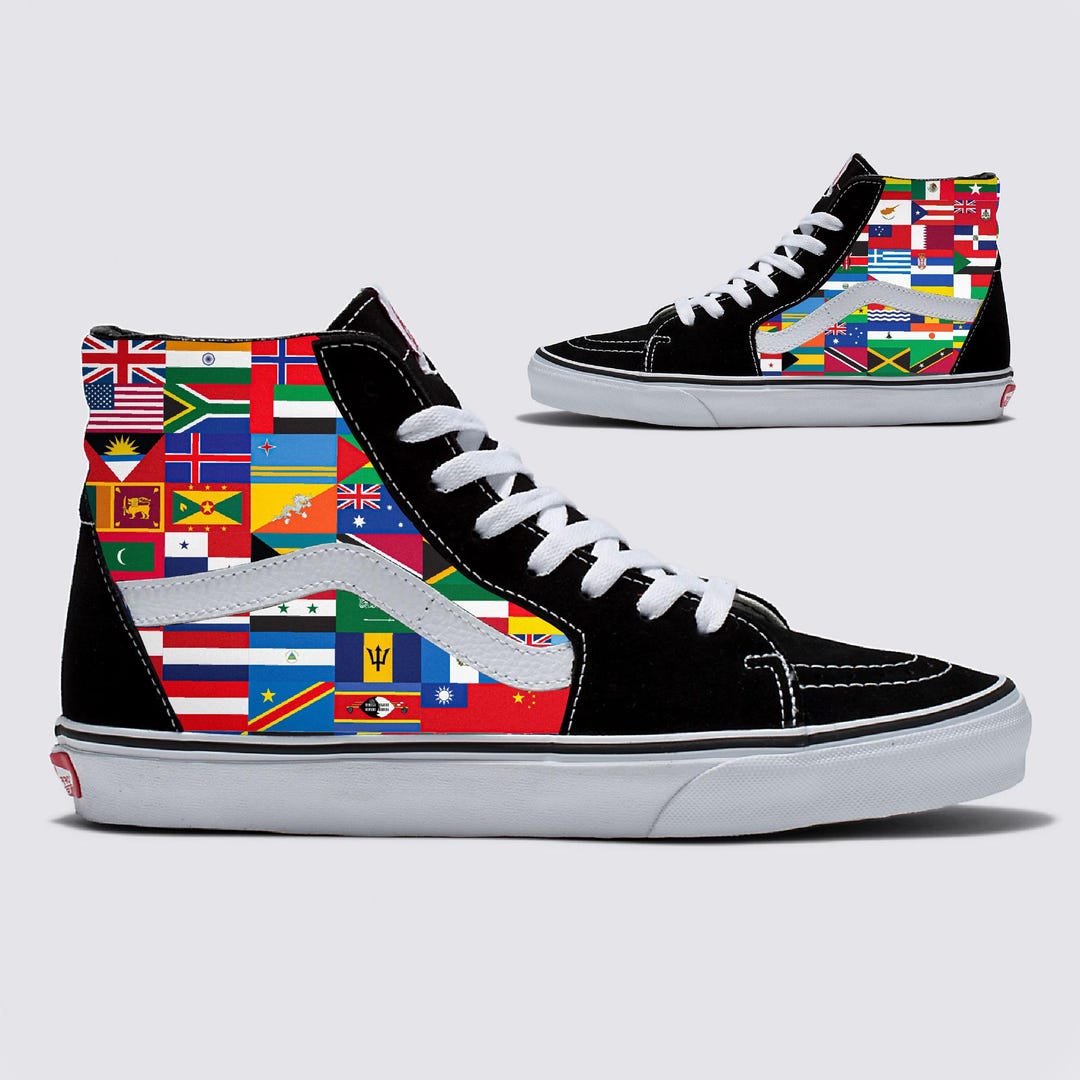 Flags of the World on Black Vans Sk8-hi High Top Shoes - Men's and ...
