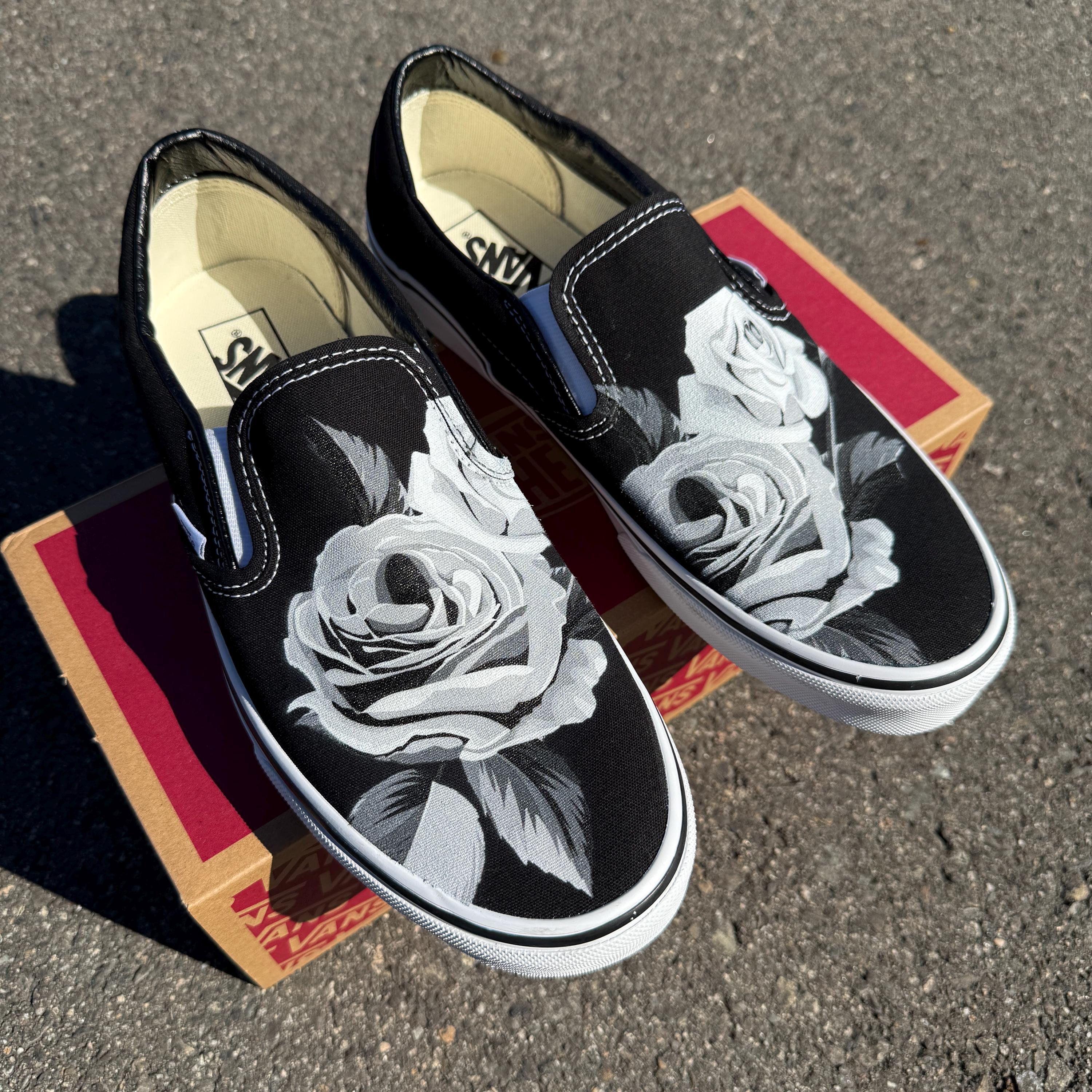 Greyscale Roses on Black Slip on Vans Shoes - Vans Shoes for Women and ...