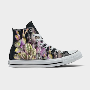 Watercolor Cactus Style Artwork on Black High Top Converse Chuck Taylor ...
