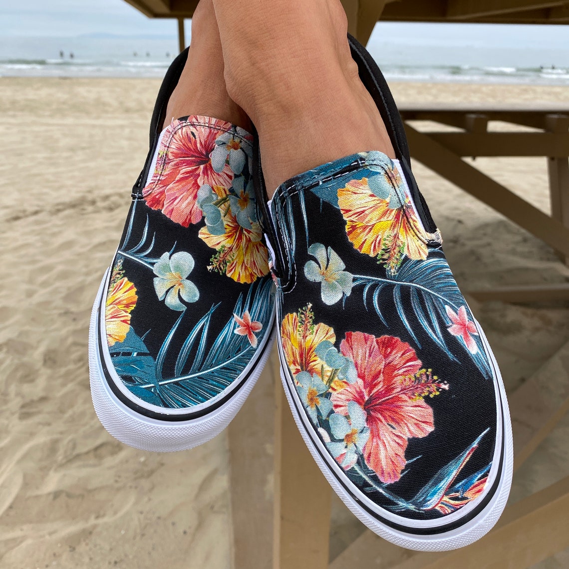 Tropical Floral Pattern on Black Vans Slip on Shoes - Men's and Women's ...