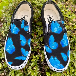 Blue Butterfly Black Slip on Vans - Custom Vans Shoes - Etsy