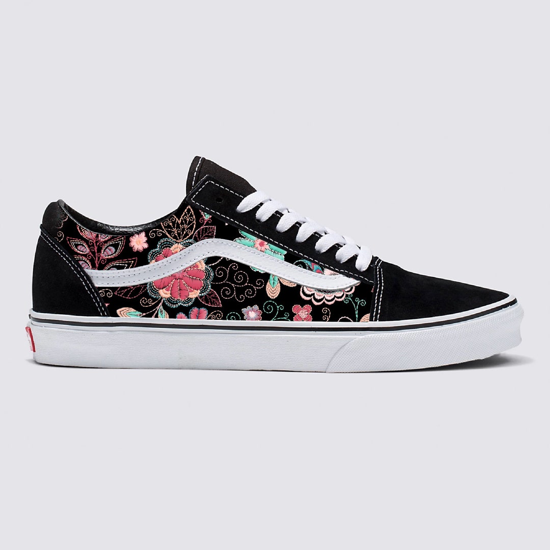 Embroidery Inspired Black Vans Old Skool Shoes Custom Vans Shoes for ...