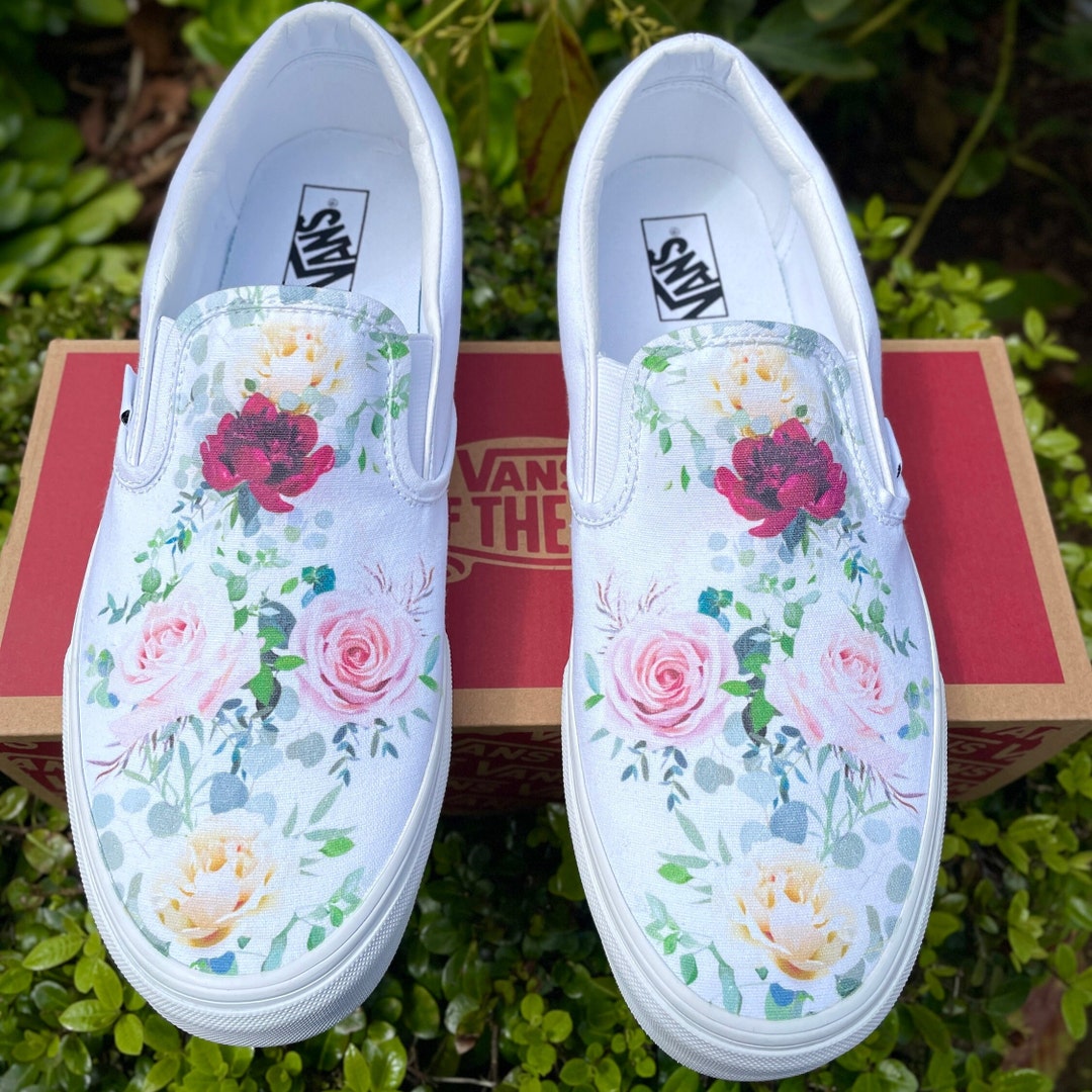 Whimsical Roses on White Slip on Vans Shoes - Men's and Women's Custom ...