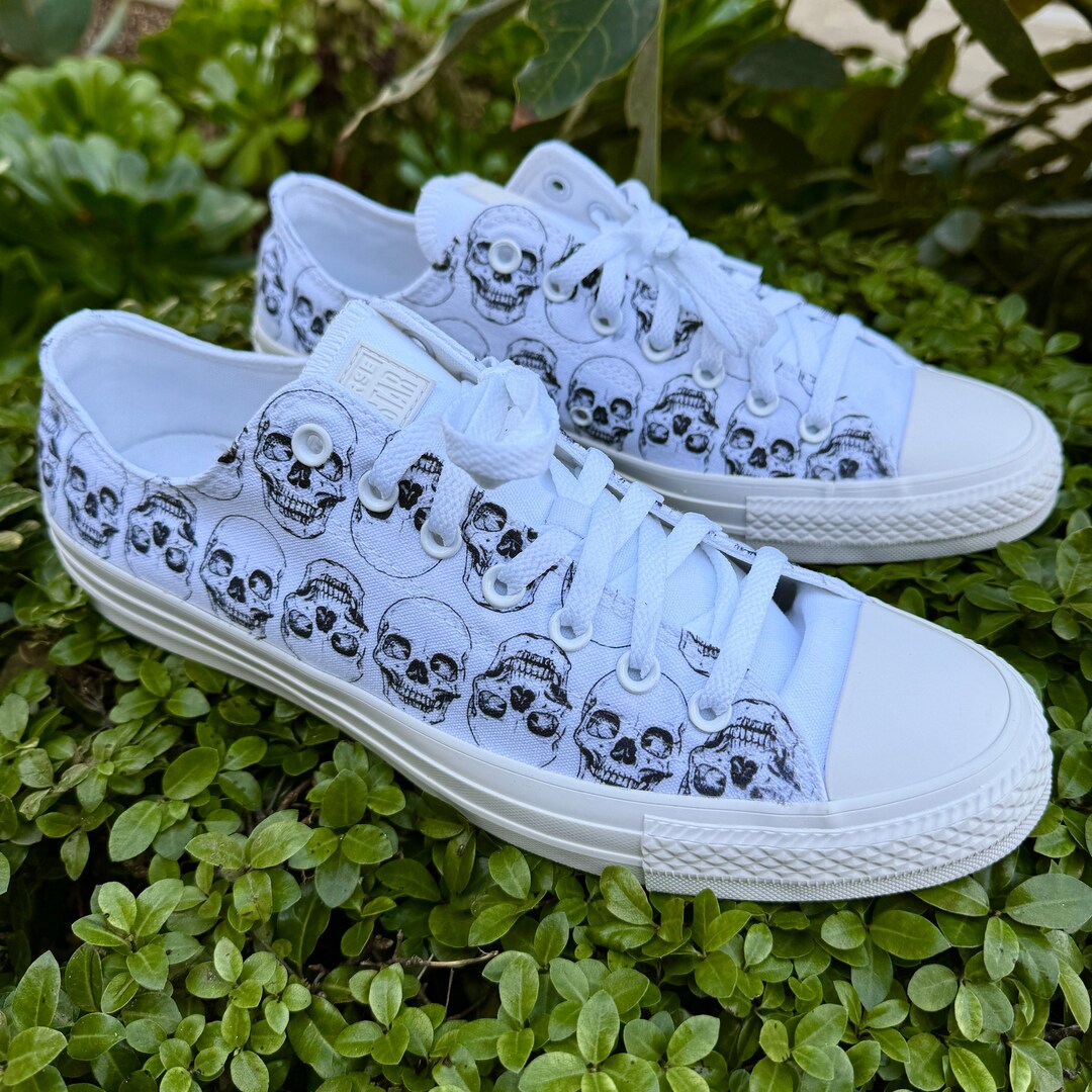 Skull Pattern Customized Sneakers - All White Monochrome Converse Chuck ...