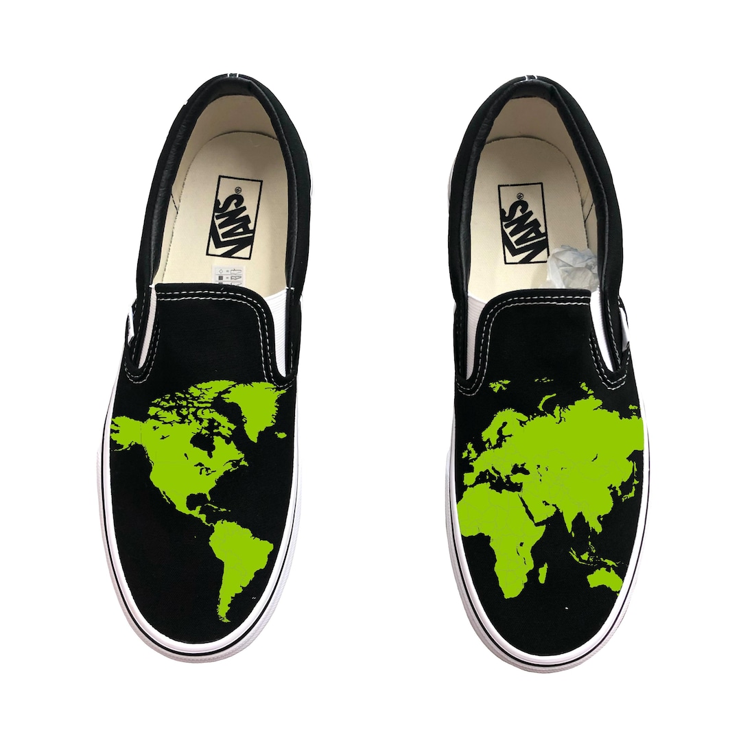 World Map Vans Black Slip on Shoes - Etsy