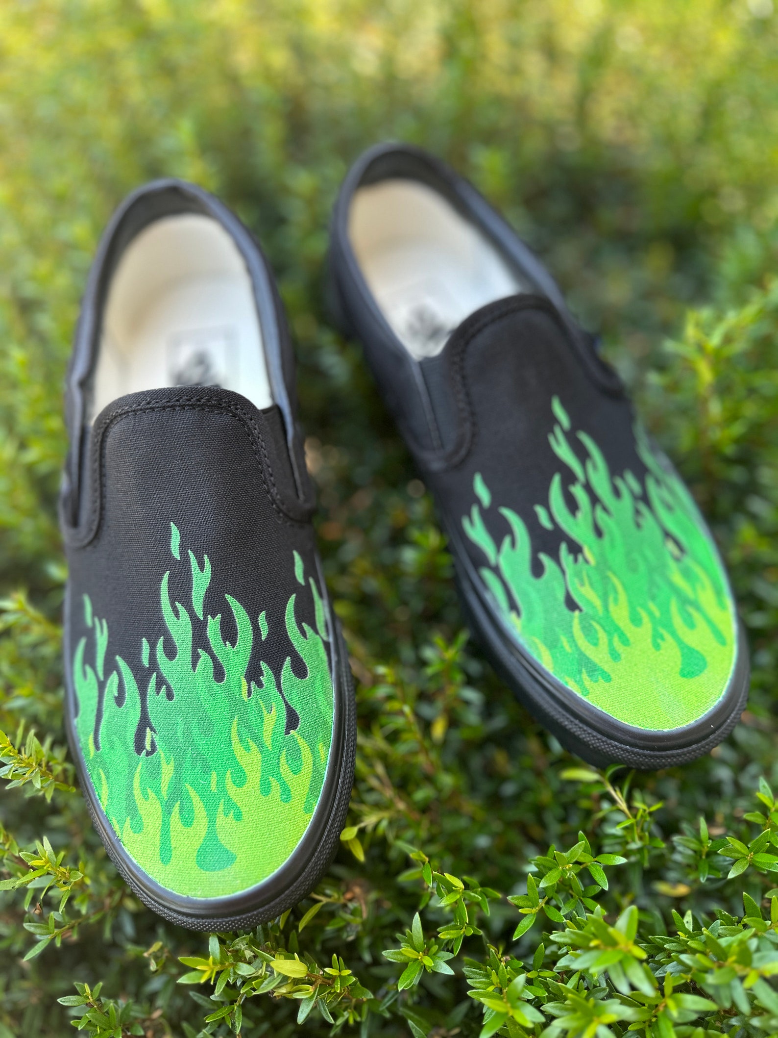 Hot Green Flame Shoes - Custom Vans Black/ Black Slip Forest Green Neon ...