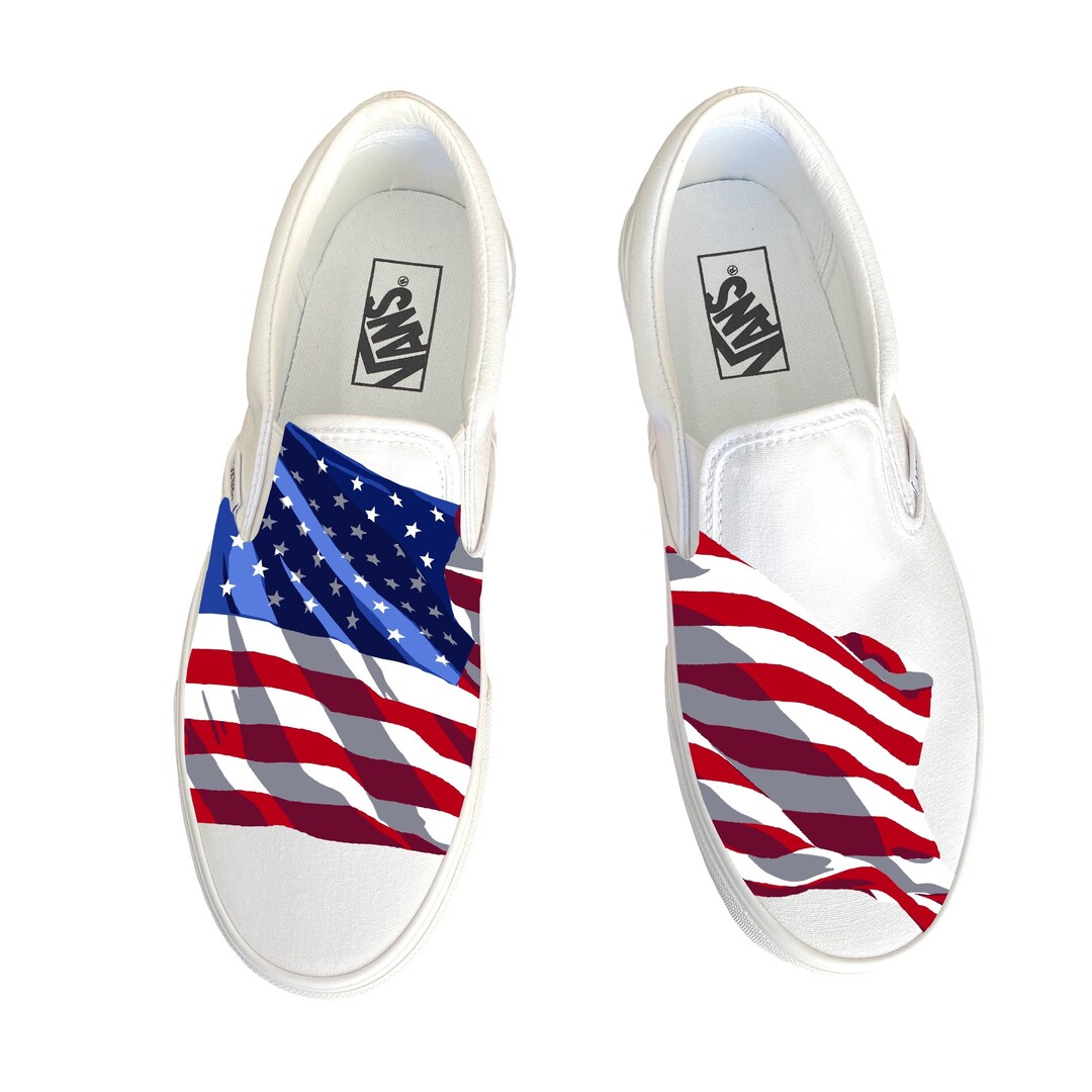 American Flag Red White Blue Country Custom White Slip on Vans - Etsy