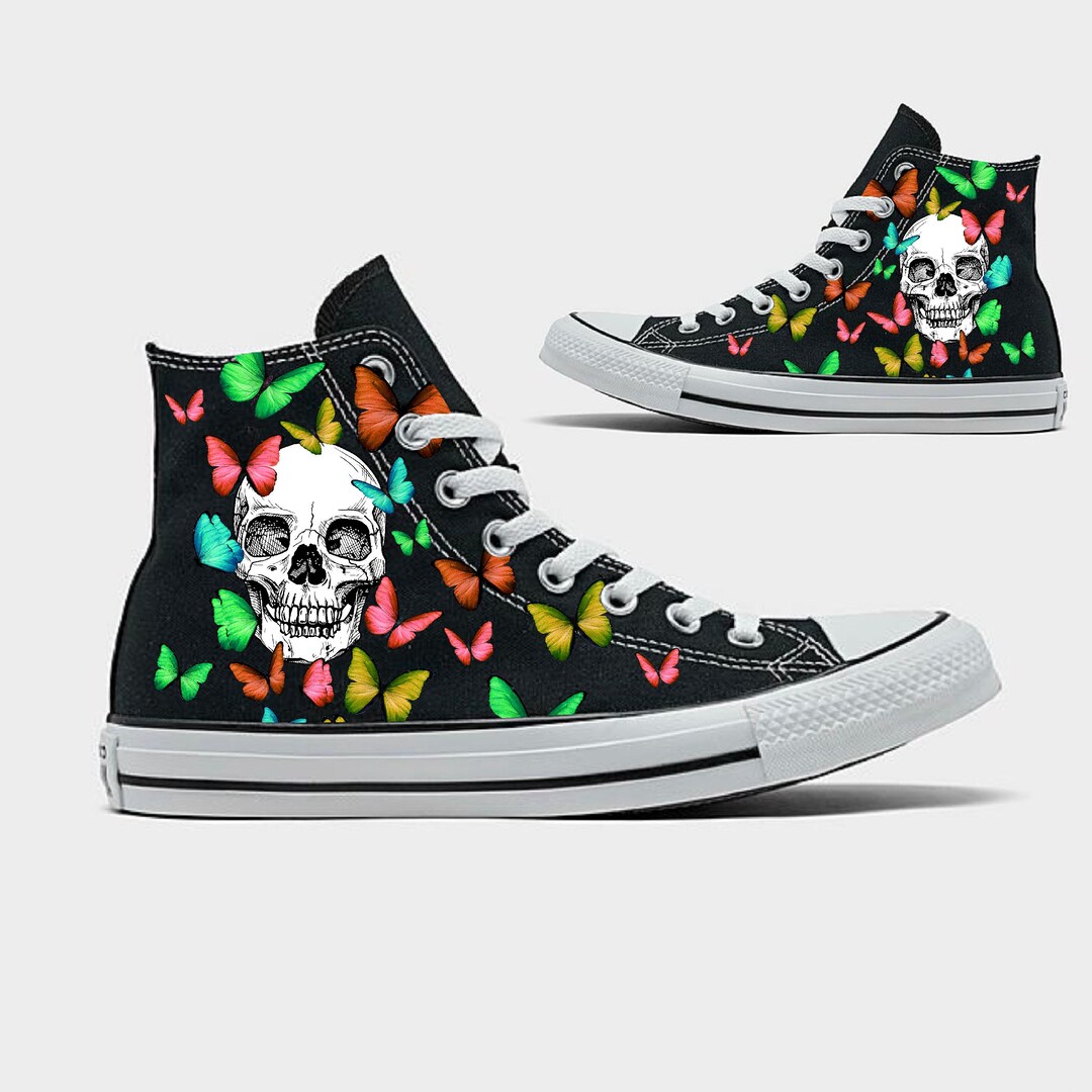 Skulls on High Top Converse Shoes With Butterflies - Custom Sneakers ...