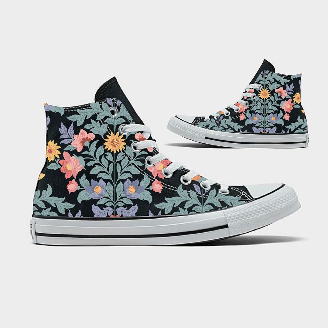 Illustrated Flower Vine on High Top Converse Shoes Custom Floral ...