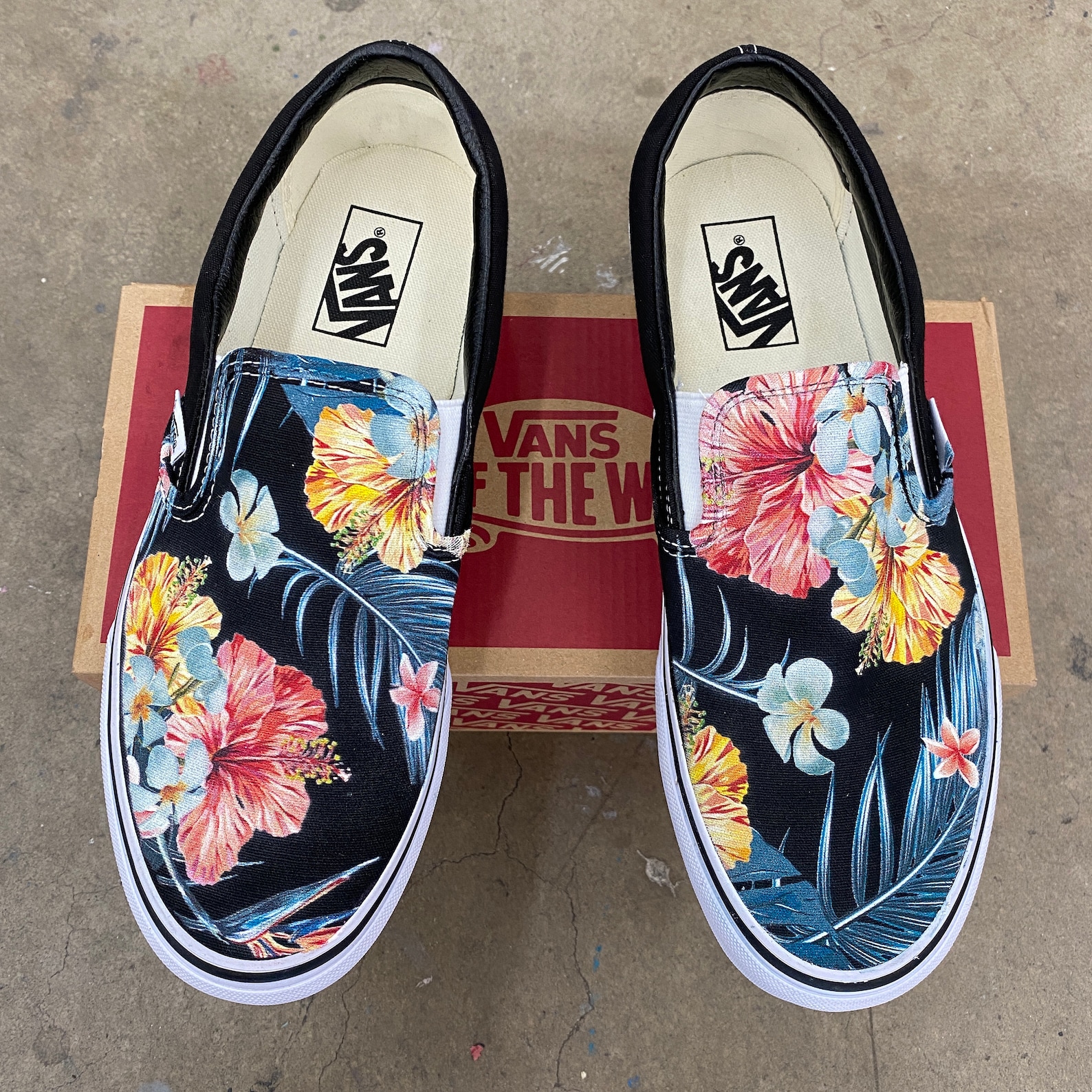 Tropical Floral Pattern on Black Vans Slip on Shoes Men's and Women's ...