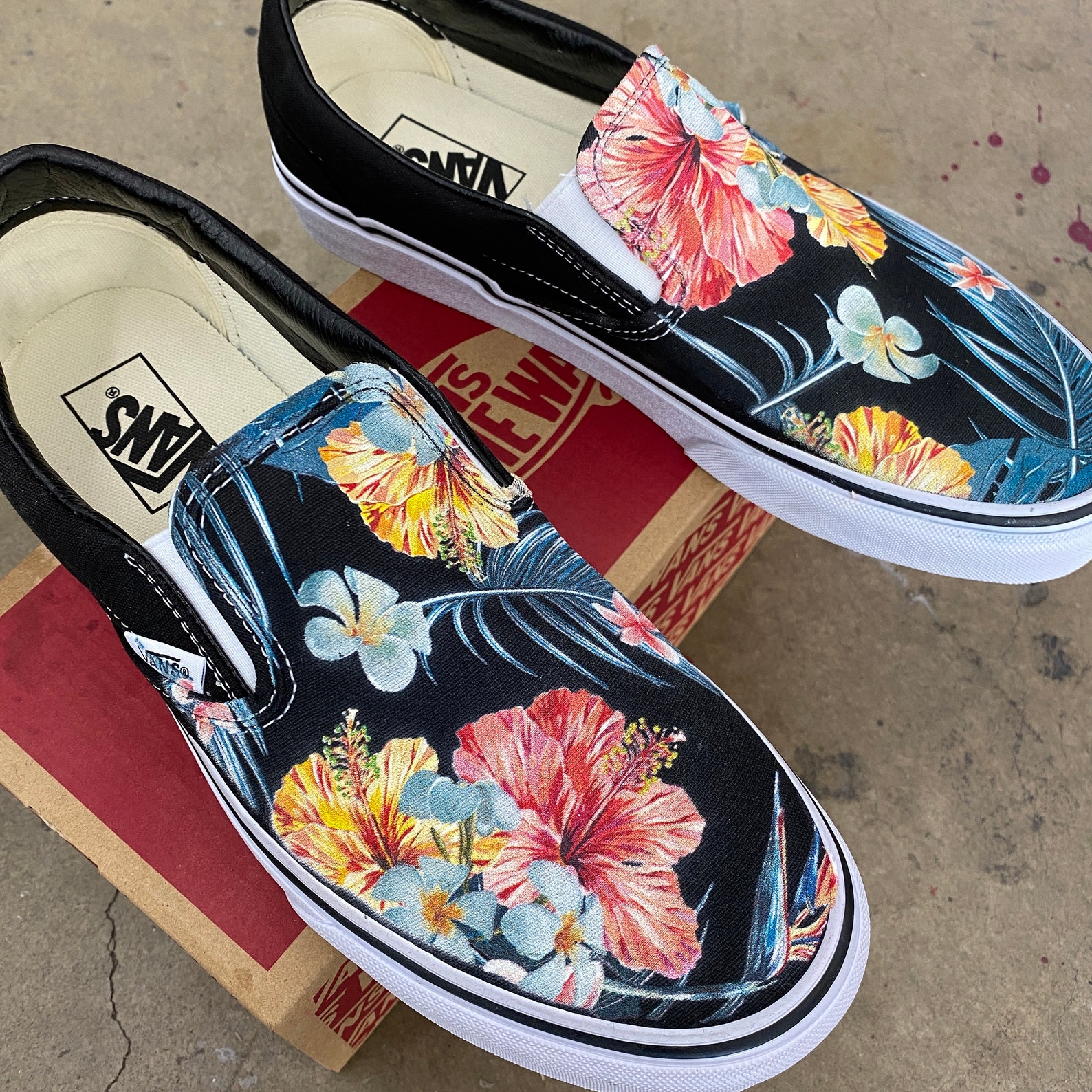 Tropical Floral Pattern on Black Vans Slip on Shoes - Men's and Women's ...
