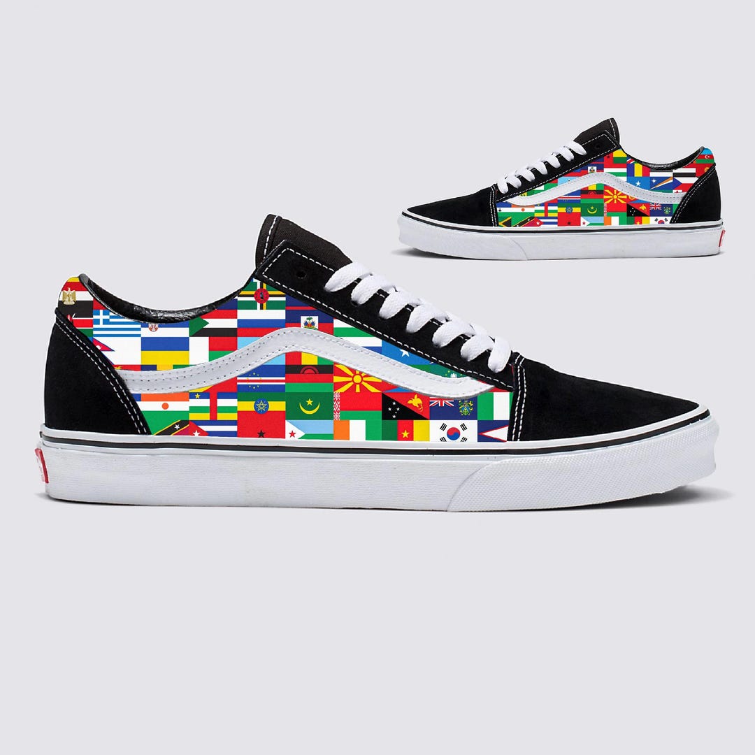 Flags of the World on Black Vans Old Skool Shoes - Men's and Women's ...