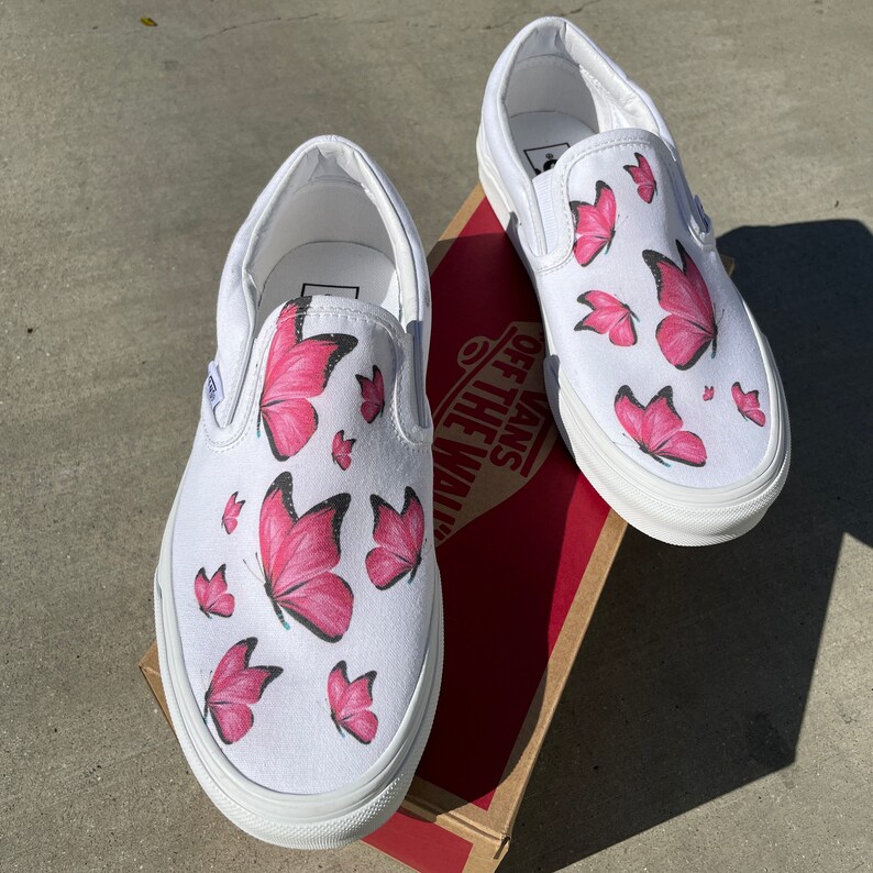 Pink Butterfly White Slip on Vans - Custom Vans Shoes - Etsy