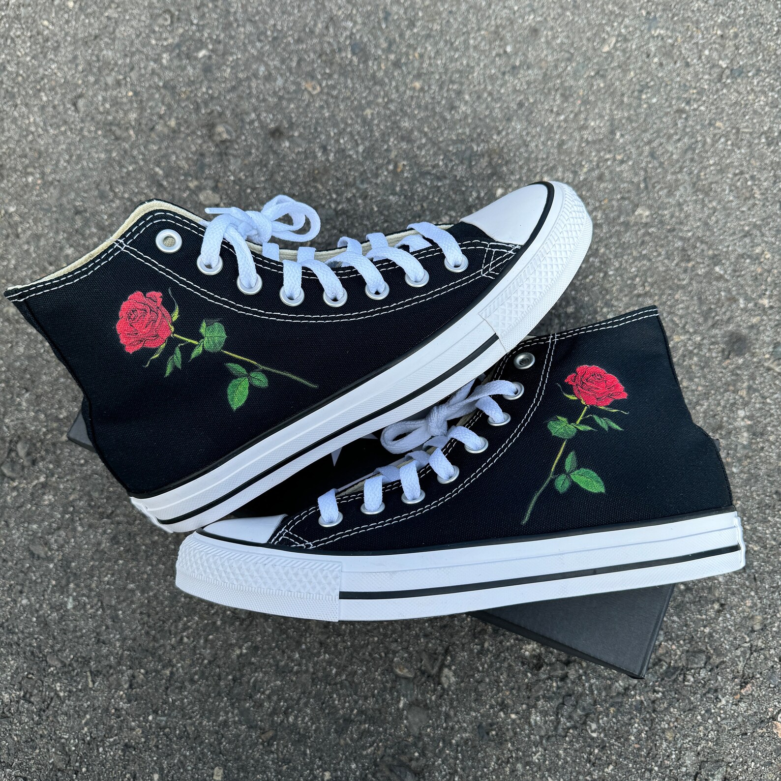 Single Rose on Black High Top Converse Shoes - Men's and Women's Custom ...