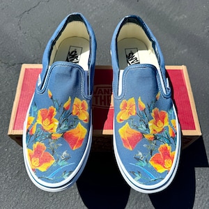 Orange Poppy Flower Spring Floral - Navy Slip on Vans for Men and Women ...