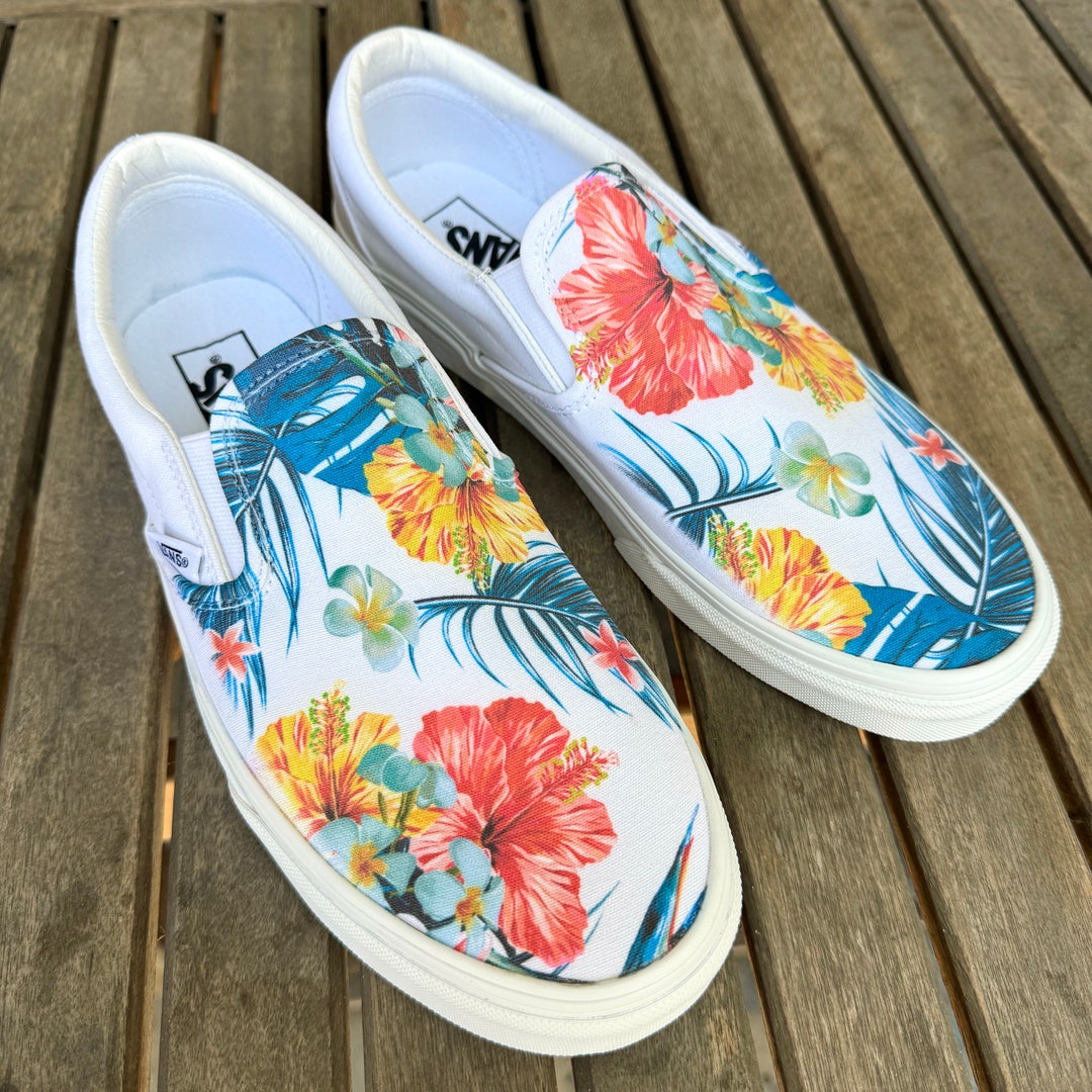 Tropical Floral Pattern on White Vans Slip on Shoes - Women's and Men's ...