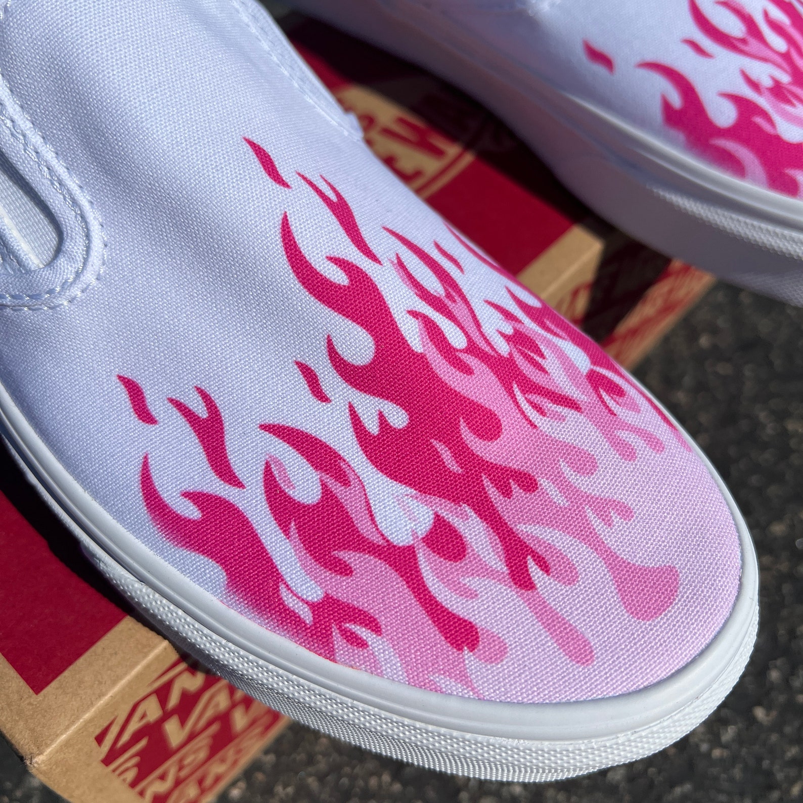 Hot Pink Flame Shoes for Women and Men - Custom Vans White Slip on Pink ...