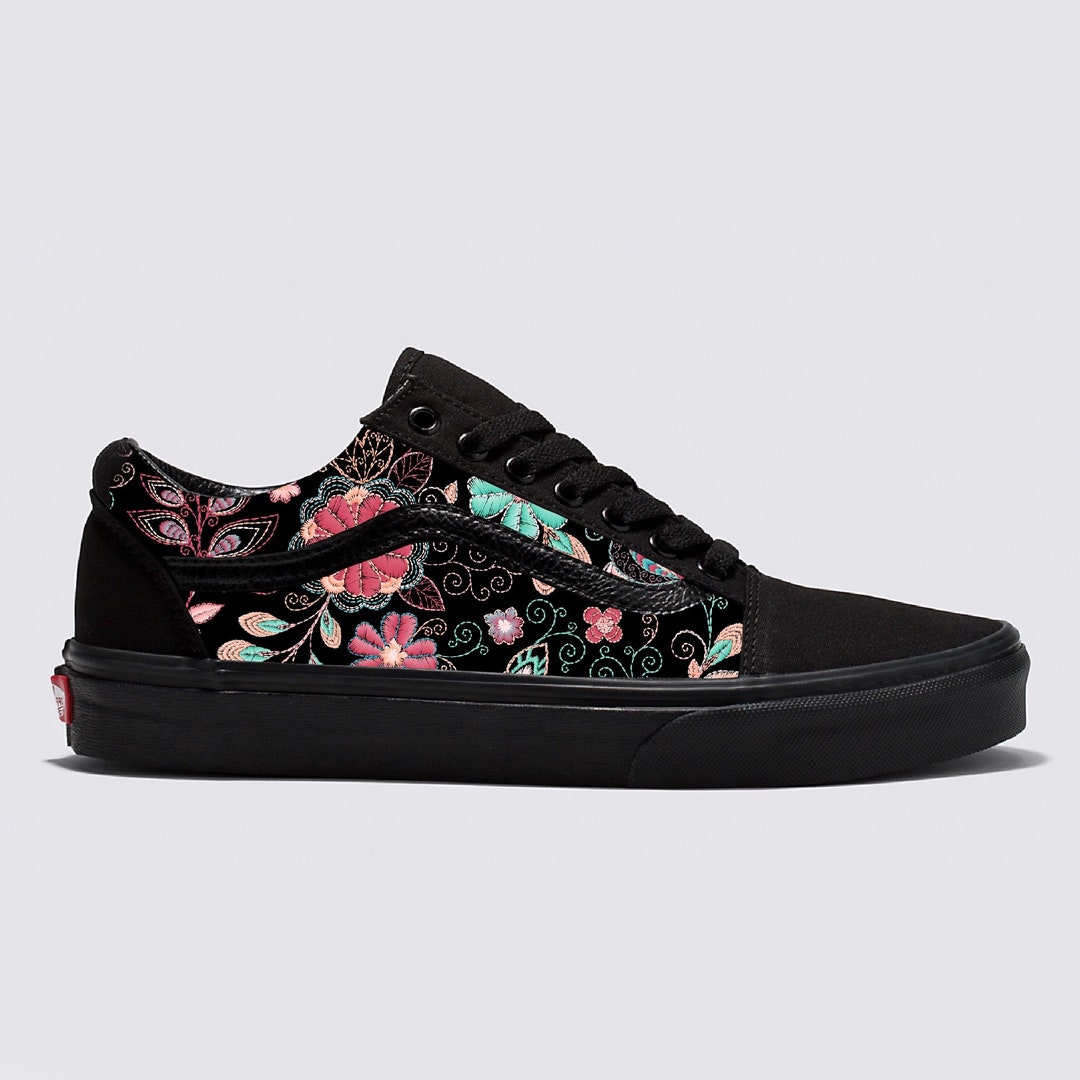 Embroidery Inspired Black/black Vans Old Skool Shoes Custom Vans Shoes ...