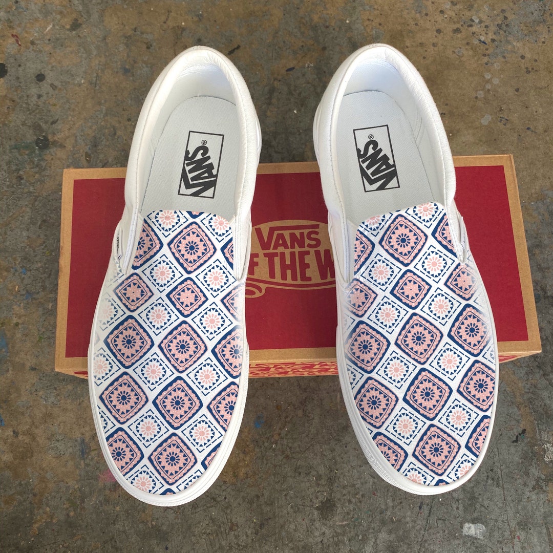 Pink and Navy Tile Pattern - Custom Vans White Slip on Shoes - Etsy